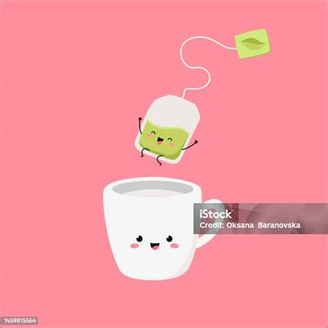 녹차와 일회용 향 주머니가 든 컵 귀여운 캐릭터 벡터 그림입니다 즐거운 감정의 이미지 차 뜨거운 음료에 대한 스톡 벡터 아트 및