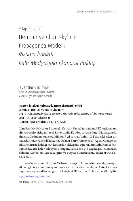 Pdf Herman Ve Chomskynin Propaganda Modeli Rızanın İmalatı Kitle Medyasının Ekonomi