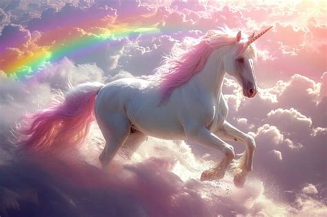 Premium Photo Full Shot Unicorn On Rainbow Sky Background Generative Ai