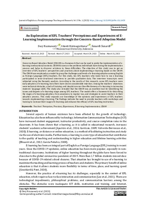 Pdf An Exploration Of Efl Teachers Perceptions And Experiences Of E Learning Implementation