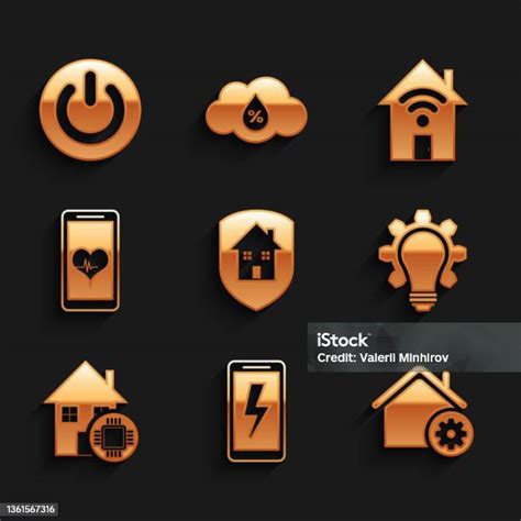 보호 하에 집을 설정 모바일 충전 배터리 스마트 홈 설정 전구와 기어 심박수 Wifi 및 전원 버튼 아이콘 벡터 Brand Name Smart Phone에 대한 스톡 벡터