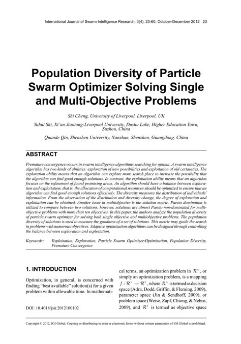 Pdf Population Diversity Of Particle Swarm Optimizer Solving Single