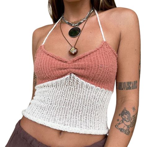 Musuos Womens Halter Crop Tops Sleeveless Contrast Color Slim Fit Ruched Knit Camisole