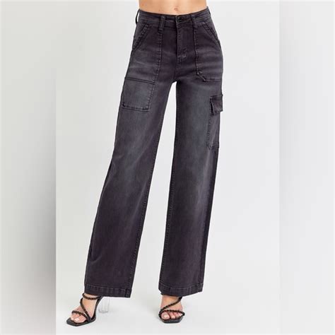 Risen Jeans Jeans Rdp5534 Black Risen High Rise Cargo Pocket Wide