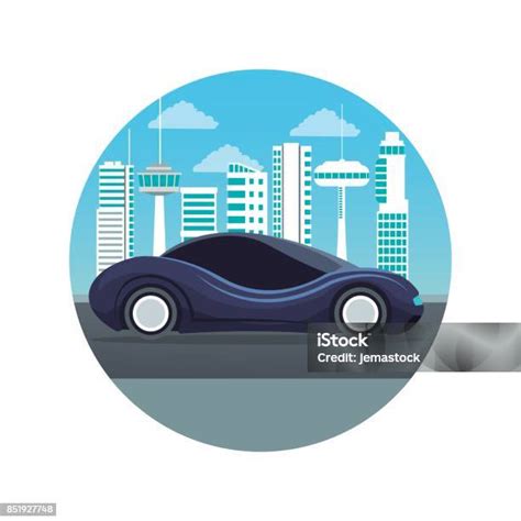화려한 스포츠 어두운 파란색 현대 자동차와 함께 원형 프레임 미래 도시 풍경 실루엣으로 흰색 배경 거리에 대한 스톡 벡터 아트 및 기타 이미지 Istock
