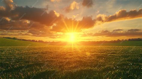 Low Contrast Sunset Over Green Fields With A Sun Premium Ai Generated