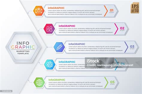 인포 그래픽 벡터 비즈니스 디자인 육각형 아이콘 다채로운 템플릿 5 가지 옵션 또는 단계 격리 된 최소 스타일 마케팅 프로세스 워크플로 프레젠테이션 레이아웃 순서도 인쇄