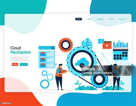 홈페이지 방문 페이지 벡터 평면 그림 구름 메커니즘의 클라우드 스토리지 기술의 수리 및 유지 보수 디지털 백업 데이터베이스의
