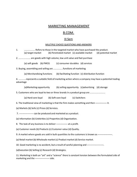 Sem Core Marketing Management MCQ MARKETING MANAGEMENT B III Sem MULTIPLE CHOICE QUESTIONS