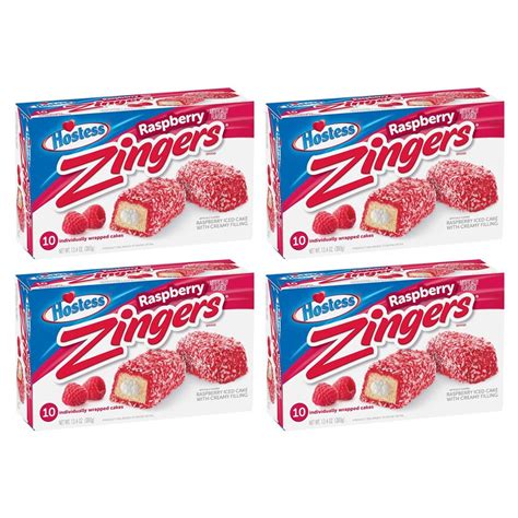 4x 10pc Hostess Zingers Raspberry Snack Iced Cake W Cream Filling