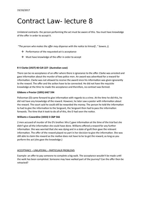 Contract Law Lecture 8 1910 Contract Law Lecture 8 Unilateral Contracts The Person