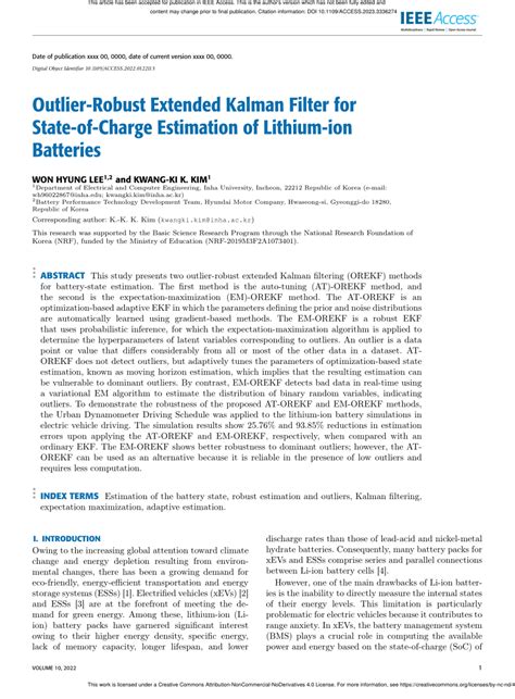 Pdf Outlier Robust Extended Kalman Filter For State Of Charge