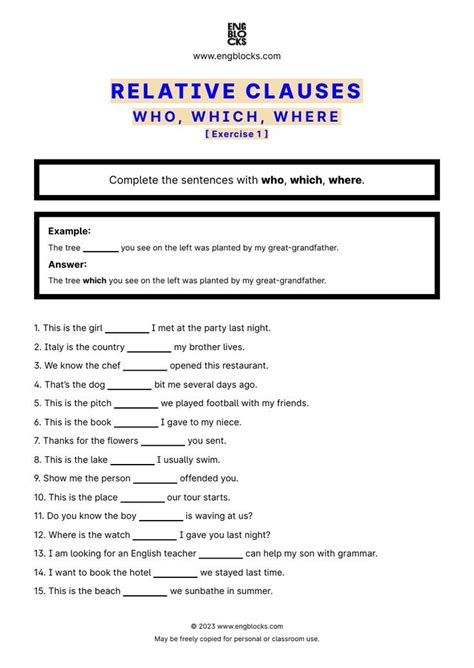 Relative Clauses Who Which Where Exercise 1 Esl Worksheet