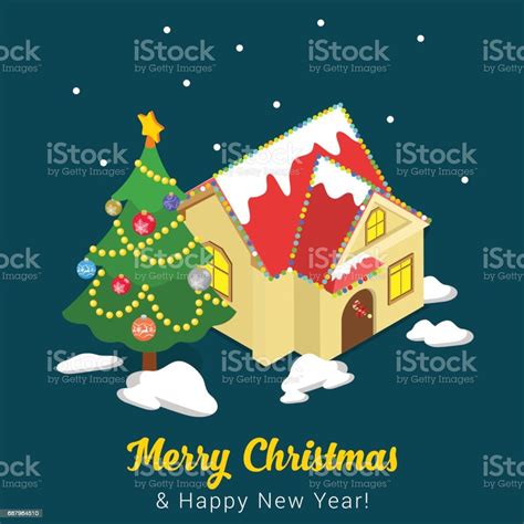 메리 크리스마스 해피 뉴가 어 평면 3d 아이소메트리 아이소메트릭 개념 웹 인포 그래픽 벡터 일러스트 전단지 전단지 카드 엽서 서식 파일 Spruced 전나무 나무와 집