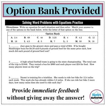 Solving Equations From Word Problems Worksheet By Algebra Elevated