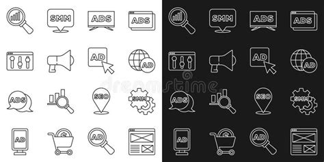 Set Line Browser Window Social Media Marketing Advertising Megaphone Setting Magnifying