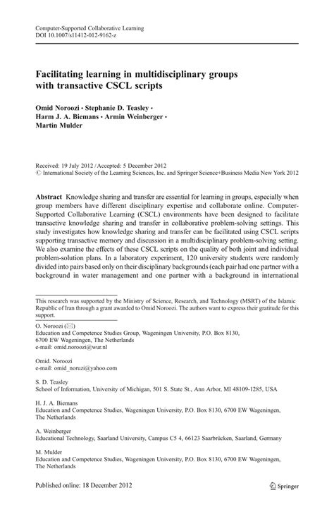 Pdf Facilitating Learning In Multidisciplinary Groups With Transactive Cscl Scripts