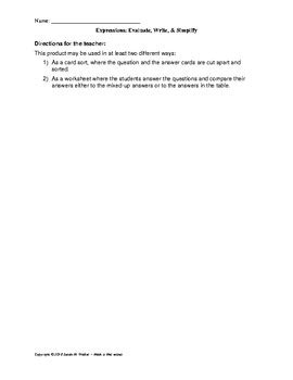 Evaluate Write Simplify Simple Numeric Algebraic Expressions Cards Worksheet