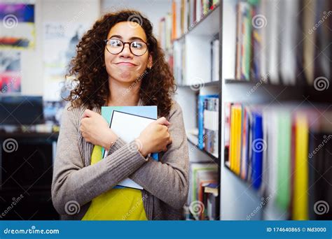 College Study University And Education Concept Cute Nerd Woman Studying In A Library Stock