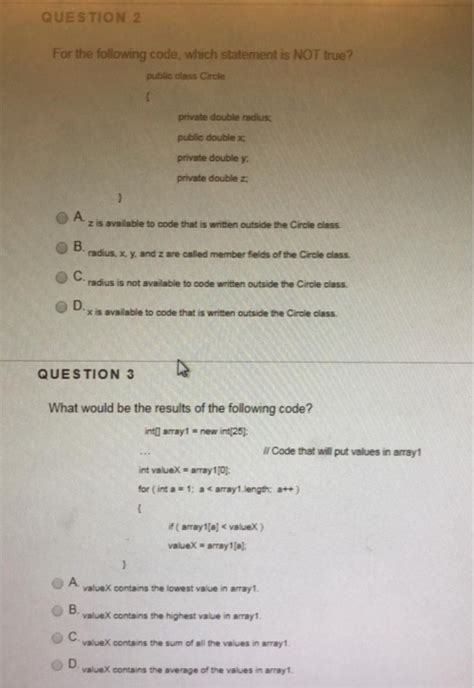 Solved Question 2 For The Following Code Which Statement Is