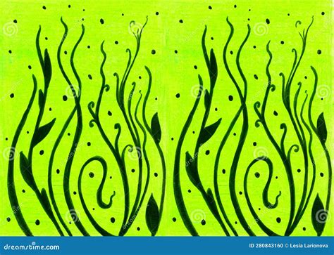 Grass Leaves And Dots Black Outline On Bright Light Green Background