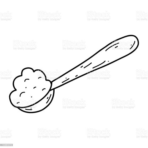 밀가루와 함께 나무 숟가락을 낙서하십시오 시리얼 설탕 분말 코코넛 플레이크의 스케치 벡터 일러스트 레이 션 가루로 빻은에 대한 스톡 벡터 아트 및 기타 이미지 Istock