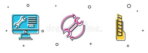 Set Computer Monitor Service Wrench And Arrows As Workflow And Stationery Knife Icon Vector