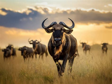 Strong Wildebeest Walking Through The Golden Grasslands Of Africa Stock Illustration