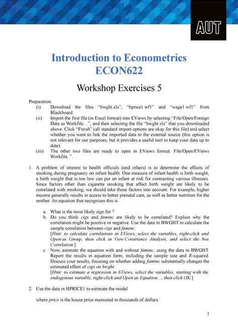 workshop exercises 5 introduction to econometrics econ workshop