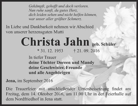 Traueranzeigen Von Christa Jahn Trauer In Thueringen De