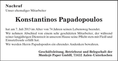 Traueranzeigen Von Konstantinos Papadopoulos Ostalbtrauer