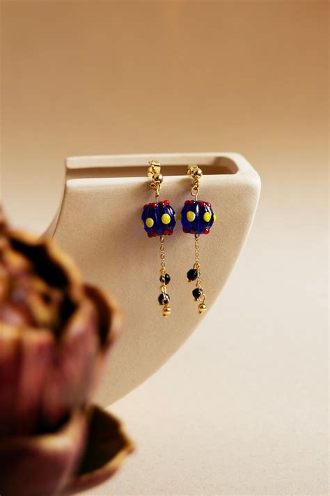 Chochin Artisanal Japanese Yokai Lantern Earrings Bold Eclectic Glass Lampwork Beads 14k Gold