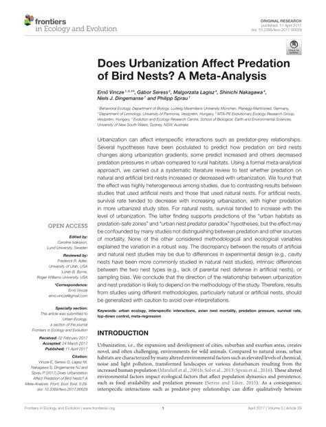 Pdf Does Urbanization Affect Predation Of Bird Nests A Meta Analysis