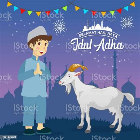 이드 알 아 드 하 인사말 카드입니다 귀여운 만화 배경으로 모스크와 희생에 대 한 염소와 이드 알 아 드 하를 축 하 하는
