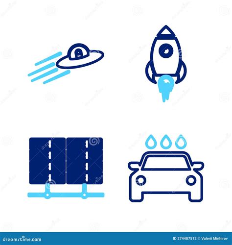 Set Line Car Wash Server Data Web Hosting Rocket Ship With Fire And