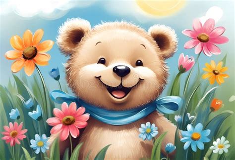 Cute Teddy Bear In The Flower Garden Vector Illustration Stock