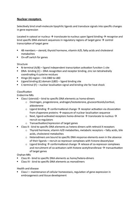 Nuclear Receptors Lecture Revision Notes Nuclear Receptors Selectively Bind Small Molecule