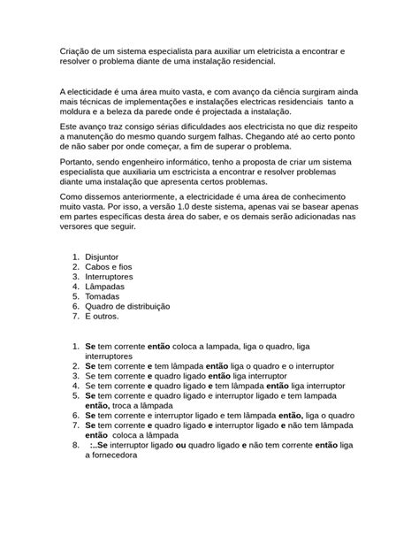 criação de um sistema especialista para auxiliar um eletricista a
