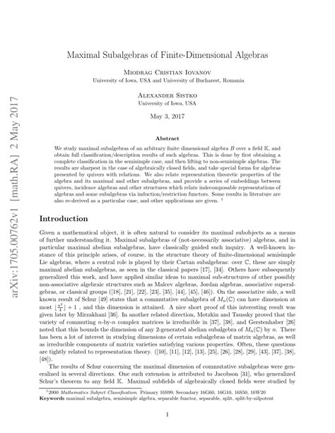 Pdf Maximal Subalgebras Of Finite Dimensional Algebras