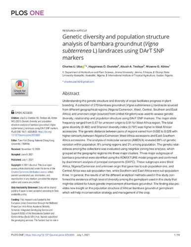 Genetic Diversity And Population Structure Analysis Of Bambara Groundnut Vigna Subterrenea L