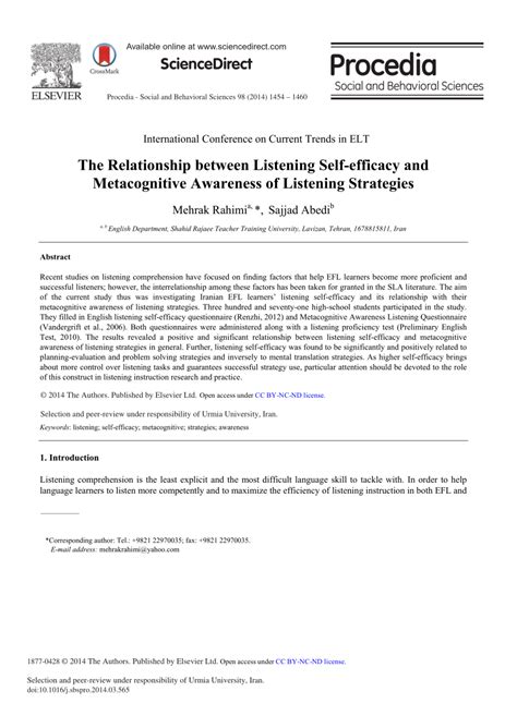 Pdf The Relationship Between Listening Self Efficacy And