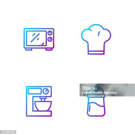 세트 라인 소금 전기 믹서 전자 레인지 및 요리사 모자 그라데이션 색상 아이콘 벡터 가정 생활에 대한 스톡 벡터 아트 및 기타 이미지 가정 생활 가정 주방 가정의 방