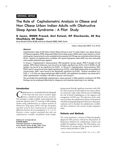 Pdf The Role Of Cephalometric Analysis In Obese And Non Obese Urban Indian Adults With