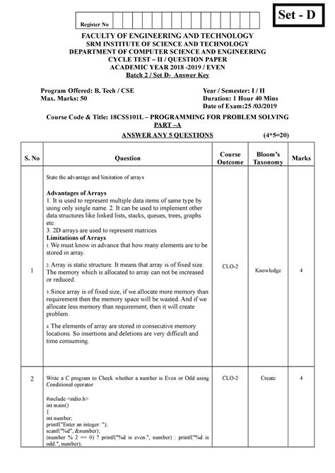 Ct Ii Set D Answer Key Set D Register No Faculty Of Engineering And