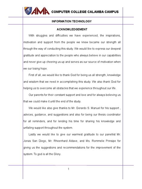 Computer College Calamba Campus Information Technology Acknowledgement
