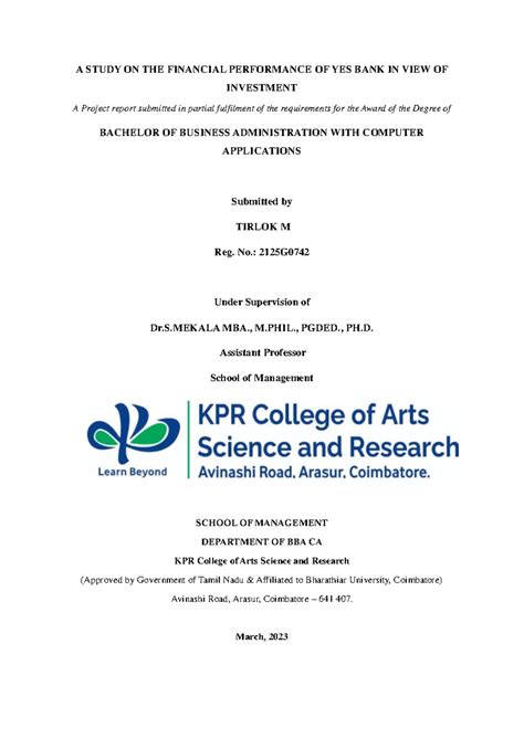 Final Project Certificate A Study On The Financial Performance Of Yes
