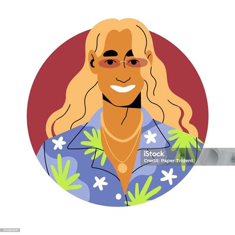 긴 머리 얼굴 아바타를 가진 패션 남자 선글라스 하와이안 셔츠 액세서리를 입은 현대적인 트렌디한 멋진 젊은 남자 동그랗게 뻗은 머리 초상화 흰색 배경에 분리된 플랫 벡터