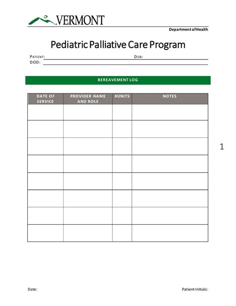 Vermont Bereavement Log Pediatric Palliative Care Program Fill Out Sign Online And Download
