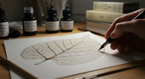 Drawing Of A Leaf Skeleton With Ink And Pen Ai Generated Stock