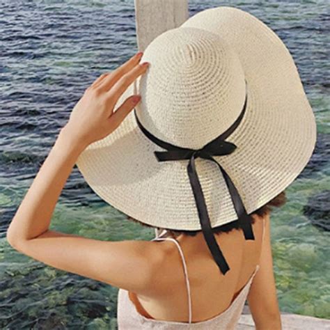 Dksc9 자외선 차단 햇빛 가리개 밀짚 왕골 라탄 블랙 리본 바캉스 비치 모자 챙넓은 파나마햇 빈티지 캐주얼 라피아햇 여름 챙모자